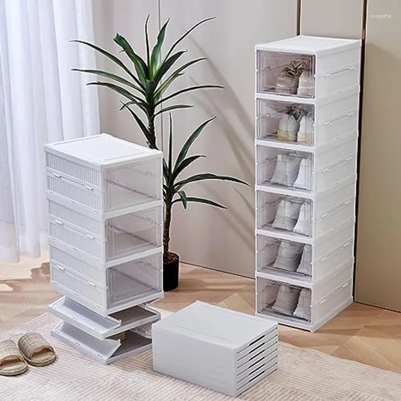 Space Saving Shoe Storage Bins Clear Door Foldable Shoe Organizer Box Sturdy Plastic Stackable Shoe Rack 1 Pack