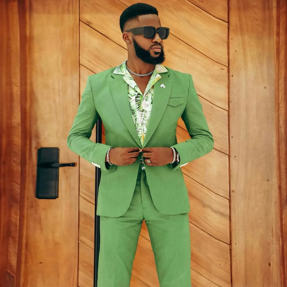 Green Suits For Wedding: Slim Fit Two Piece Suit Set Notched Lapel Blazer, One Button Closure ...