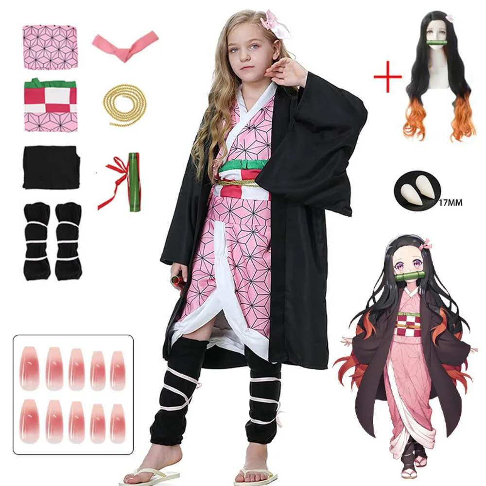 Demon Slayer Kimono Cosplay Costume With Wig Uniform For Women And Kids ...