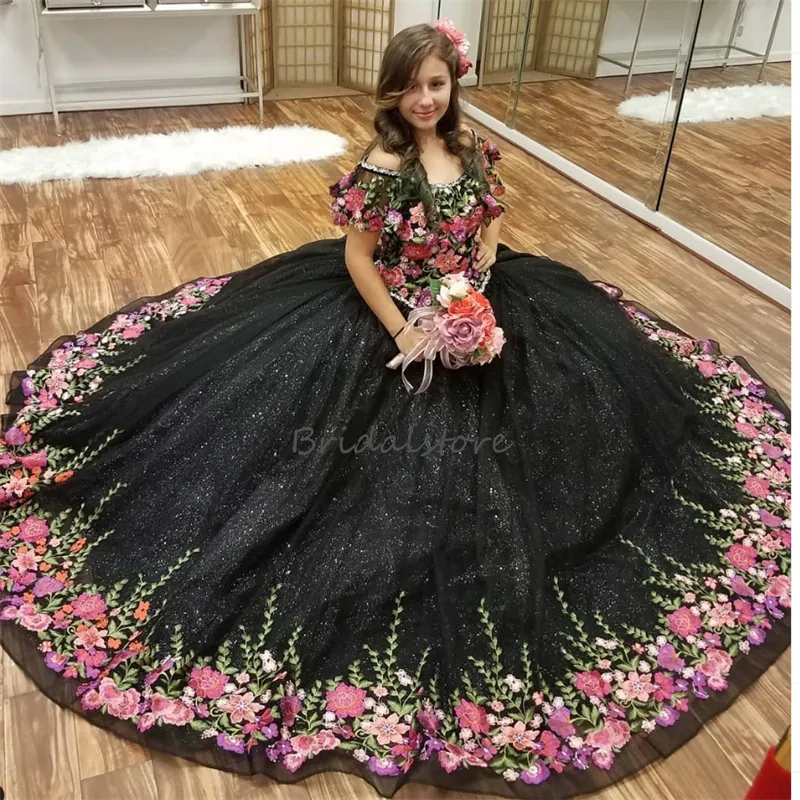 Mexican Prom Dress: Black Charro Quinceanera Gown With Off Shoulder ...