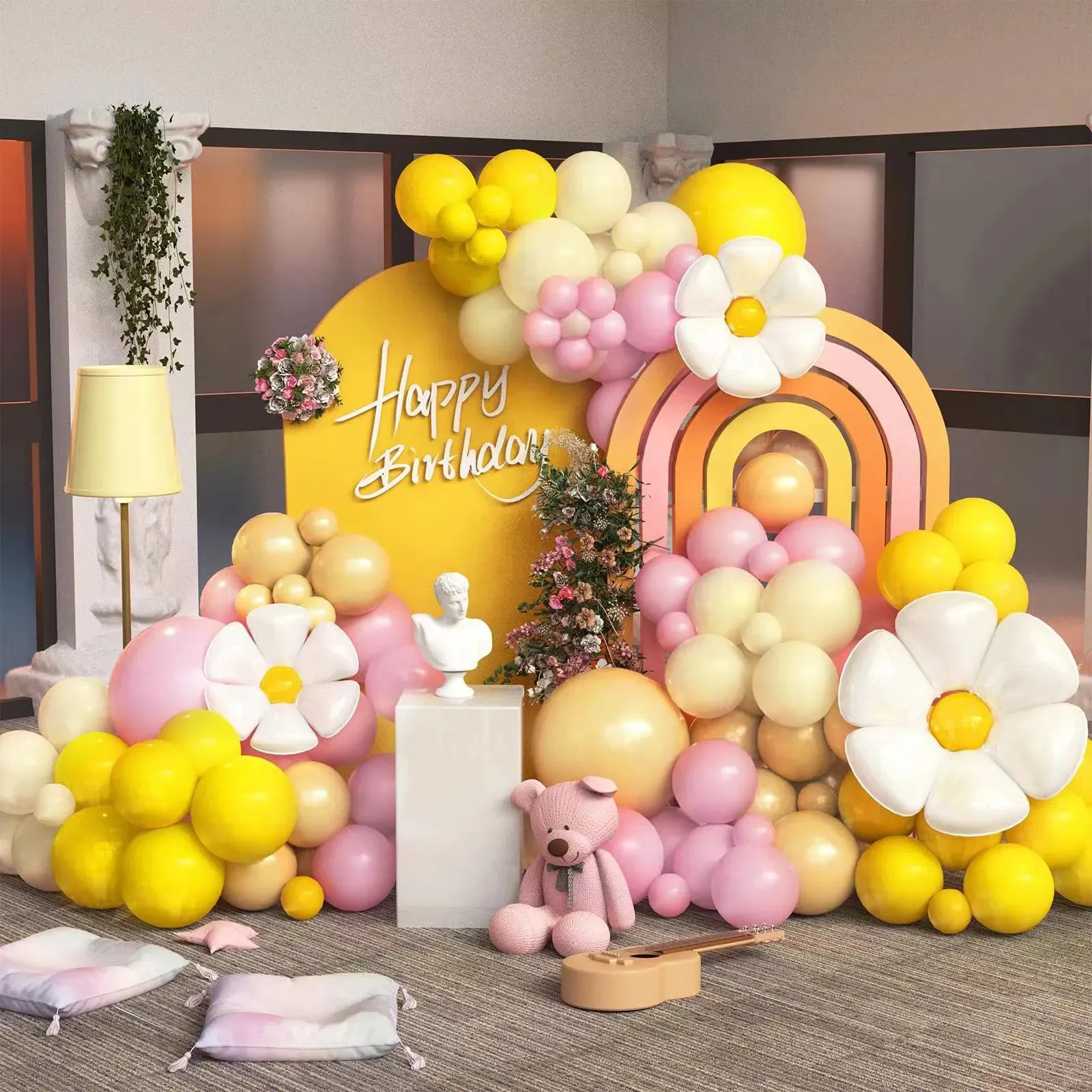 Pastel Celebration Set: 153-Piece Macaron Yellow, Pink & Daisy Balloon ...