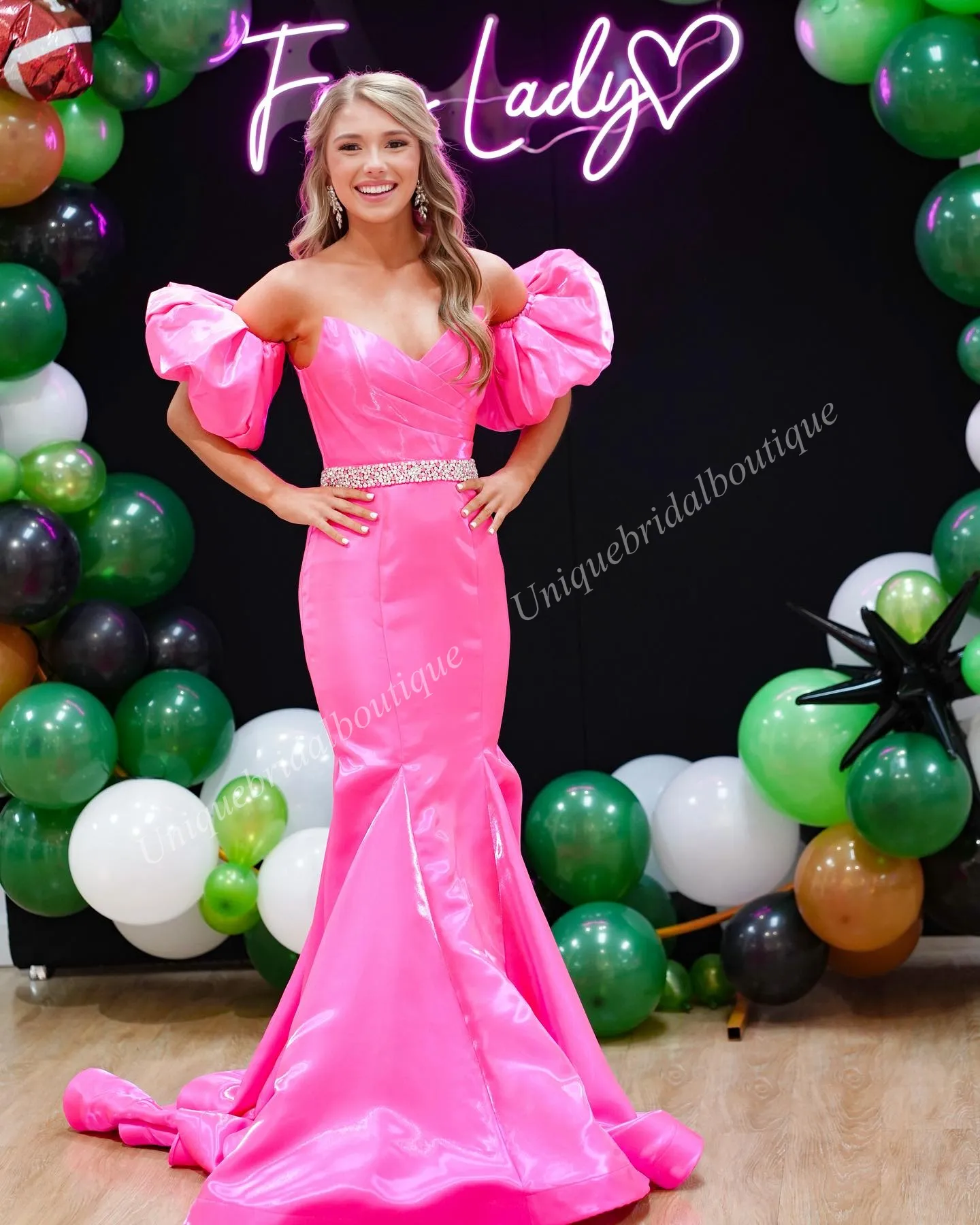 Black Tie Crystal Mermaid Hot Pink Evening Gown With Puff Sleeves ...