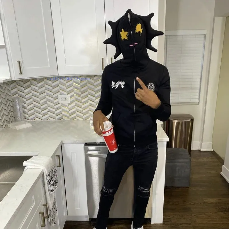 Y2K Hoodie: Men's Yellow Star Lace Zip Up Sweatshirt American Autumn ...