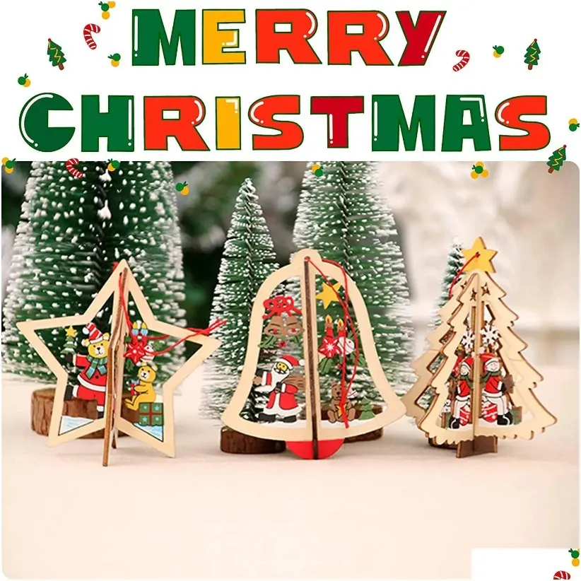 Pendant Wooden Christmas Tree Decorations 3D Hanging Ornaments for Home ...