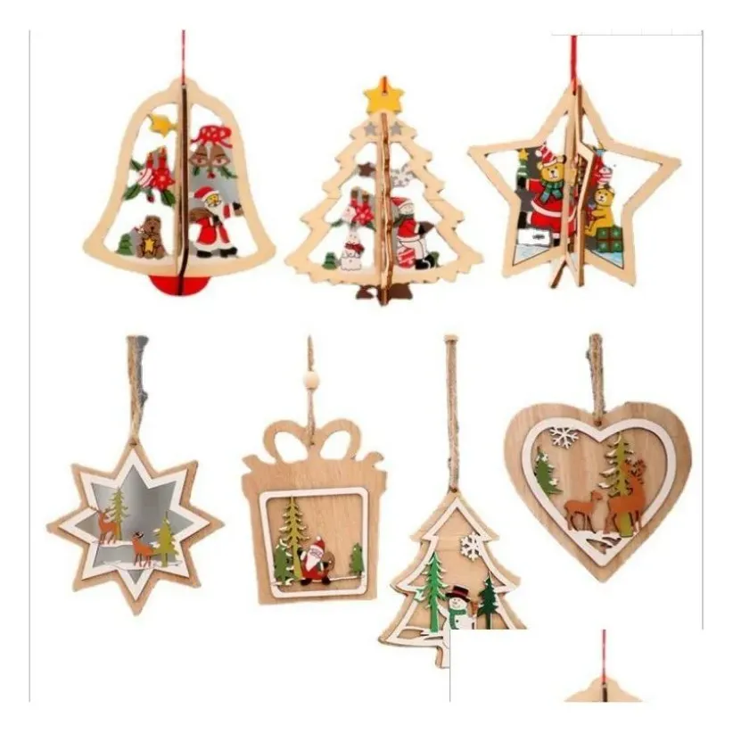 Pendant Wooden Christmas Tree Decorations 3D Hanging Ornaments for Home ...