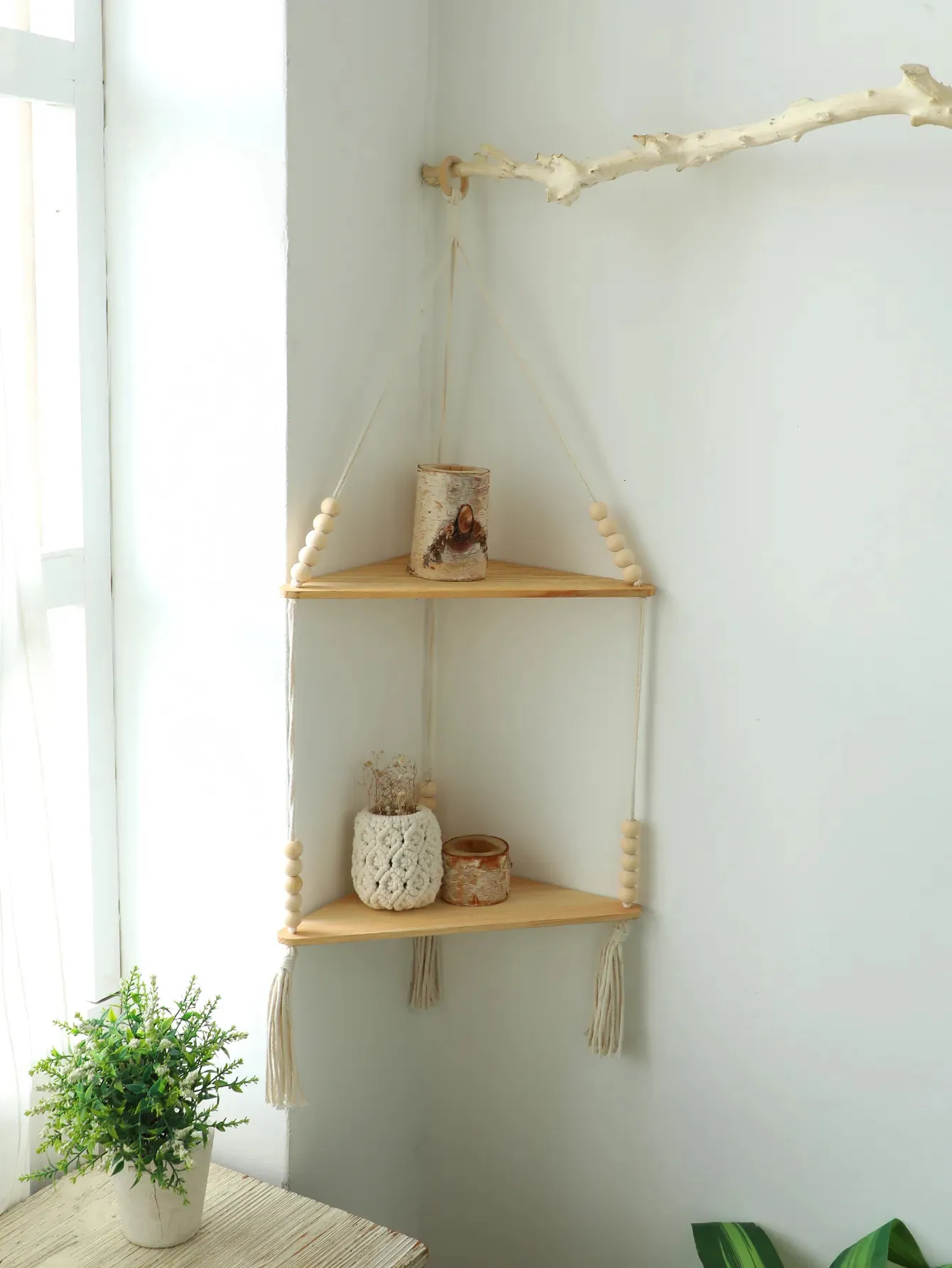 Boho Wooden Corner Shelf - Christmas Decorations, Macrame Floating ...