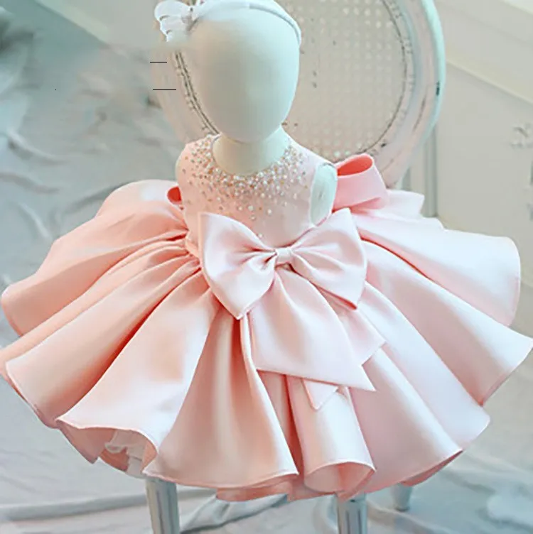Luxurious 3D Flower Girl Pink Formal Gown With Bow Beads And Long Train ...