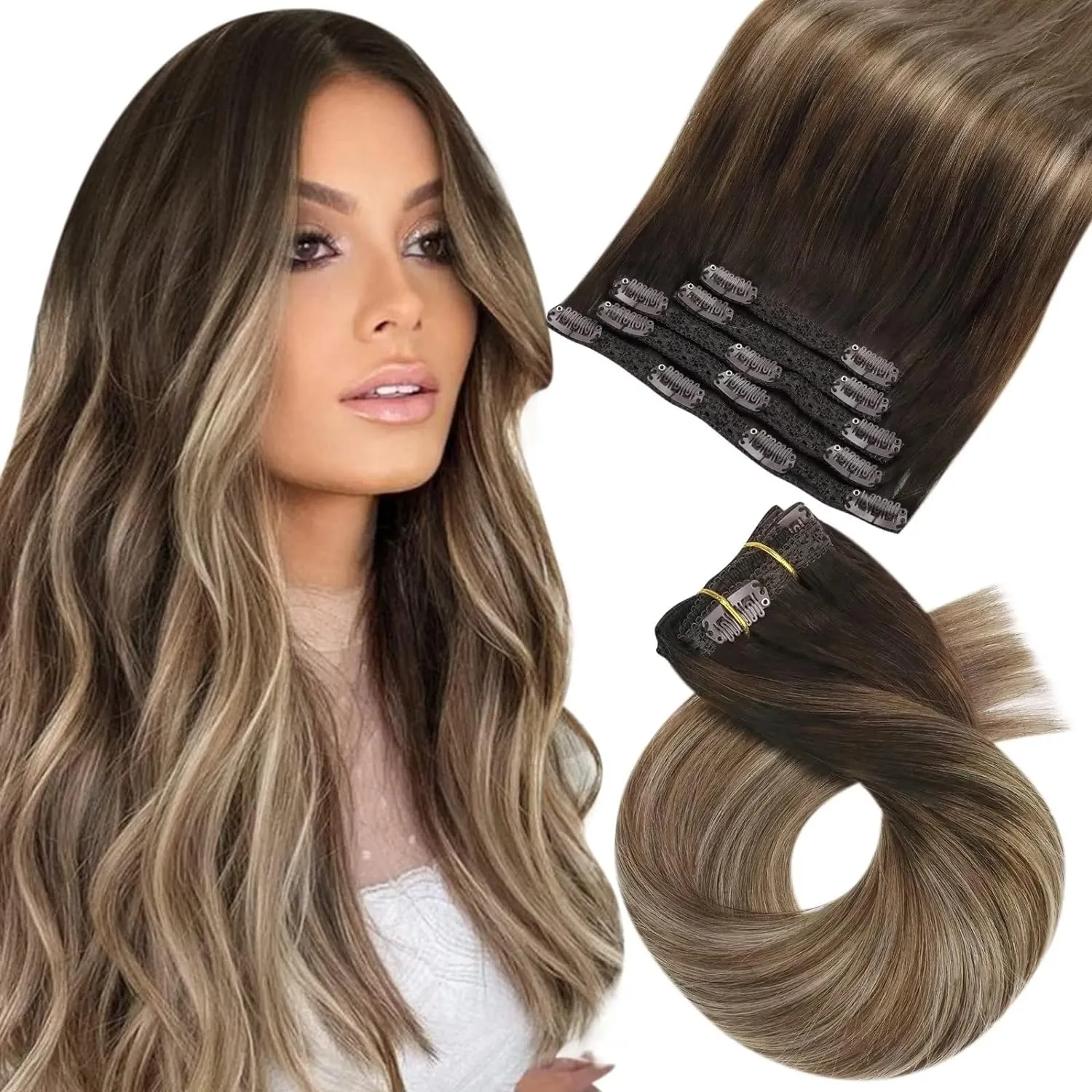 Remy Human Hair Extensions, 120g Slik Straight Ombre Seamless Clip-in ...
