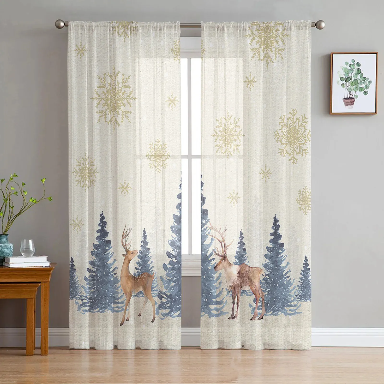 Christmas Sheer Curtains - Winter Snowflake Elk Design, Voile Tulle ...