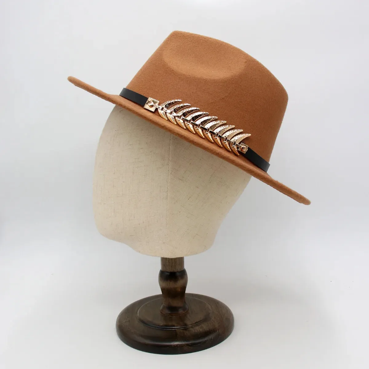 Wide Brim Fedora Hats Felt Fish Bone Belt Alloy Buckle British Flat ...