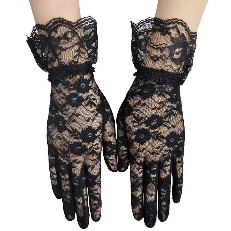 Vintage Sheer Lace Gloves For Women Floral Design, Short Wrist Length ...
