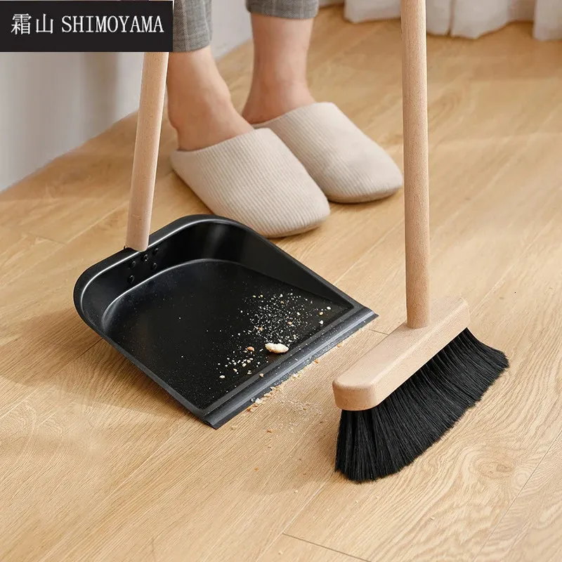 SHIMOYAMA Hand Push Floor Sweeper And Dustpan Set Beech Wood Floor Cleaning Tool With Long ...