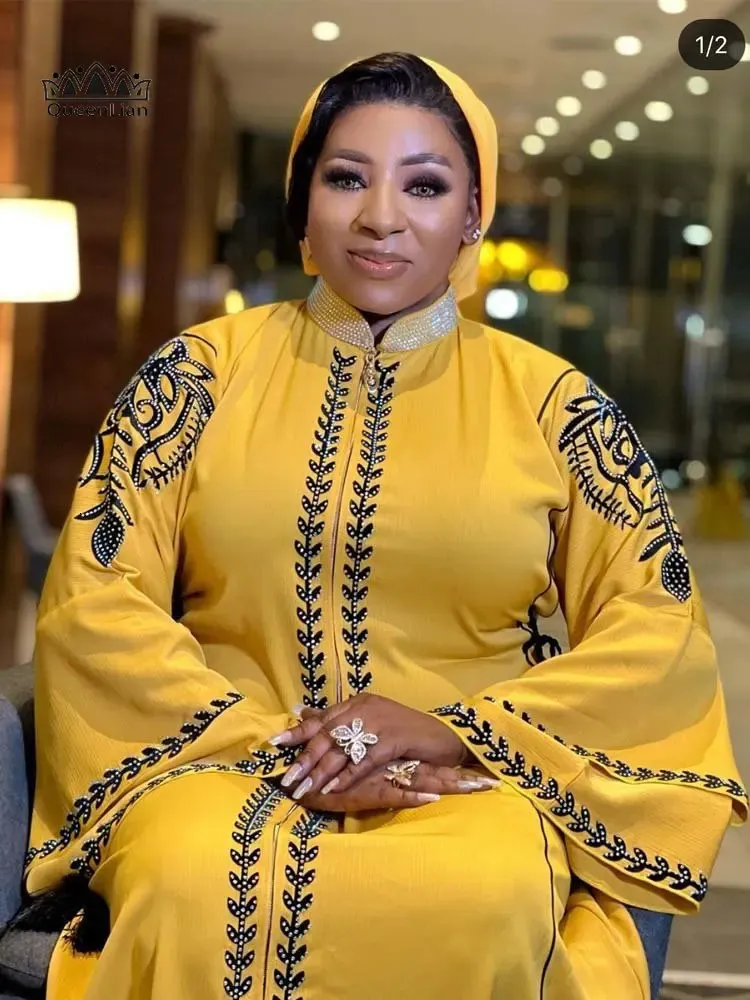 Elegant African Dashiki Robe - Diamond Embroidered Collar Dress with ...