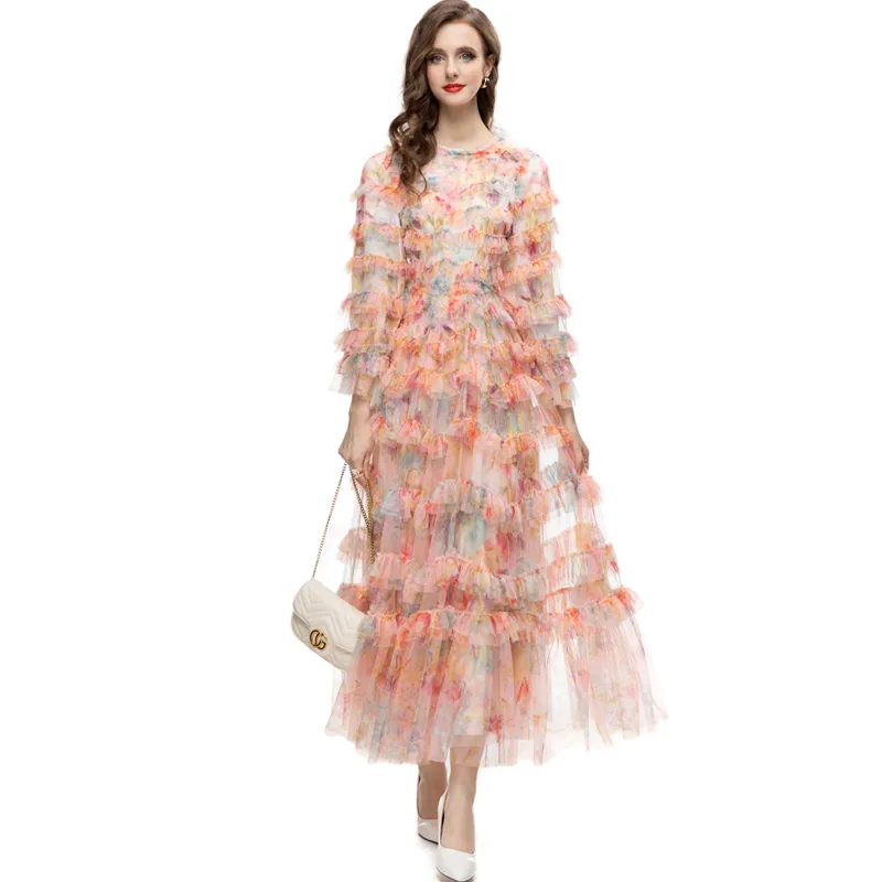 DHgate.com:Womens Runway Dresses: Elegant Printed Tiered Layered O Neck ...