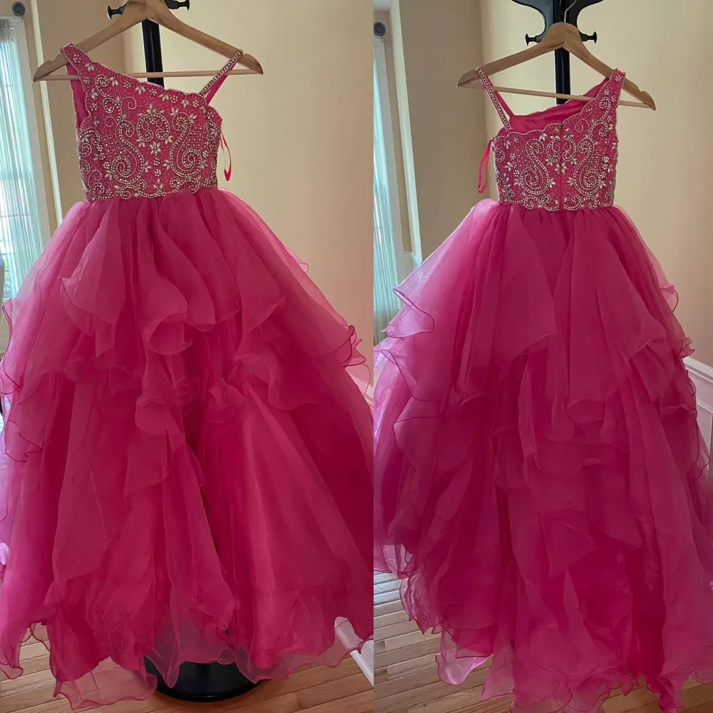 Fuchsia Fille Pageant Robe 2024 Perles Cristaux Corsage À Volants ...