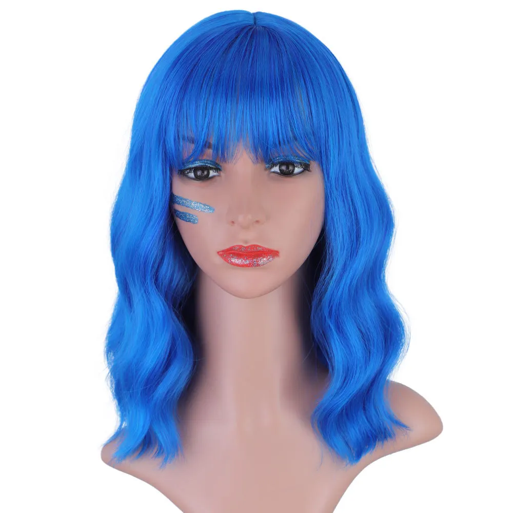 Blue 14 Inch Full Mechanism Curly Synthetic Bob Light Blue Wig High ...