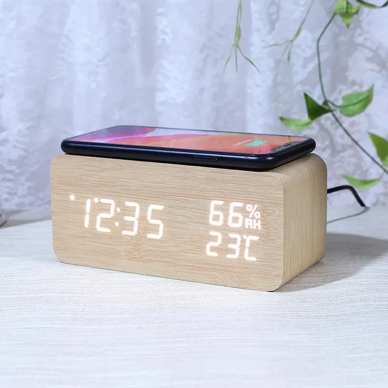 Wireless Digital Wooden Digital Desk Clock With LED Display ...