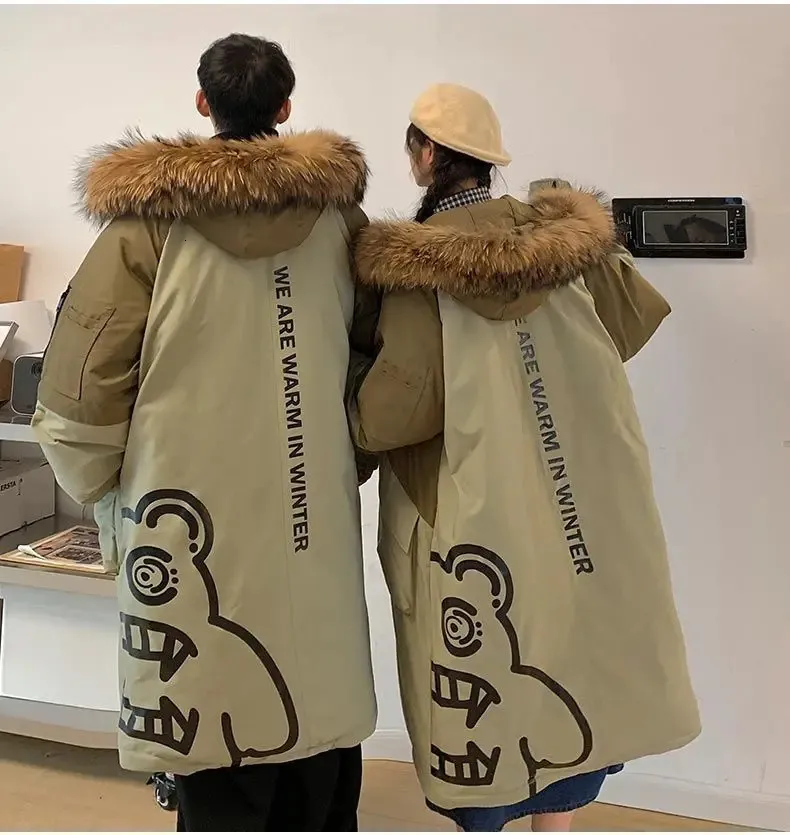 Men's Mid-Length Hooded Down Parka with Animal Fur Collar, Thick and ...