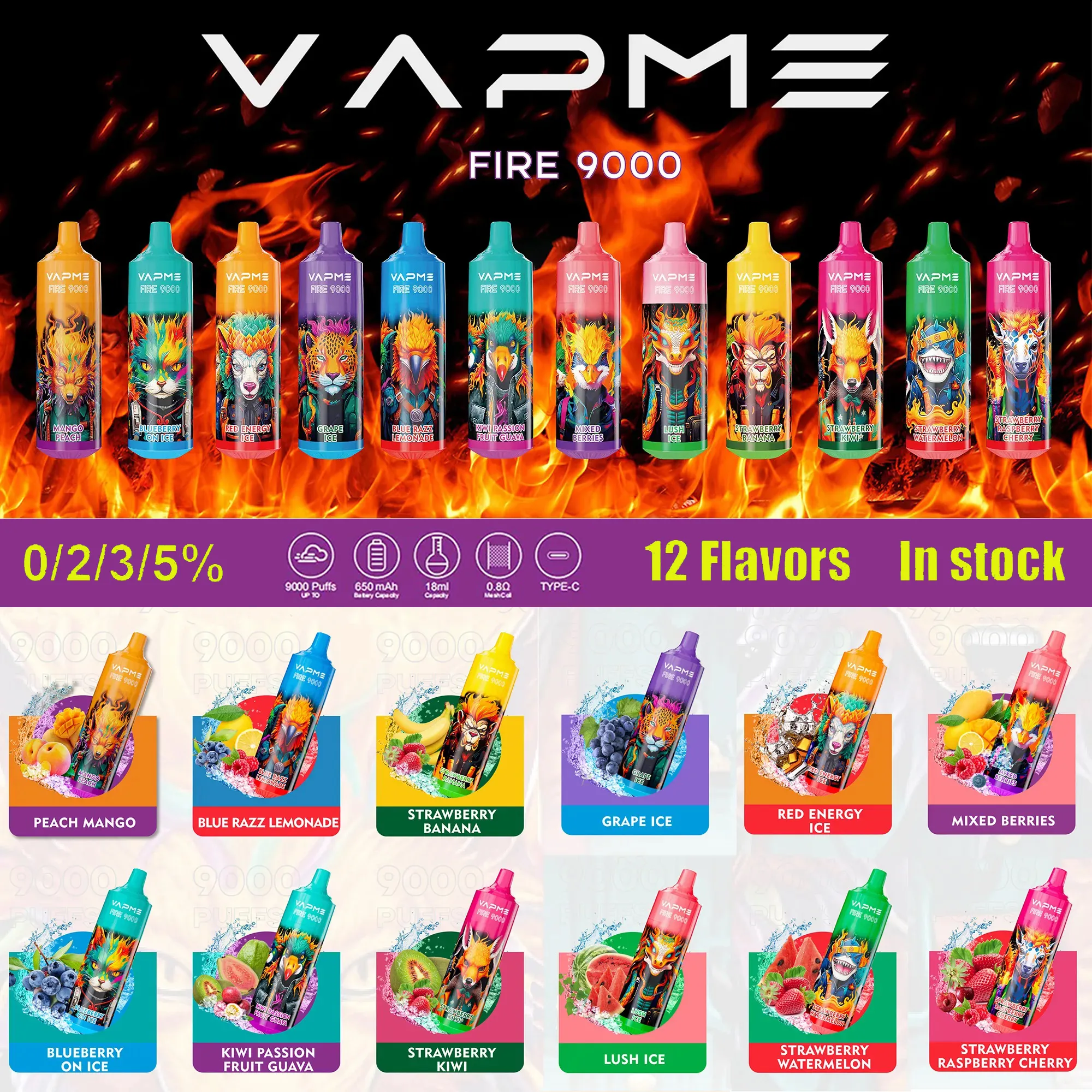Original VAPME FIRE 9000 Disposable Vape Mesh Coil E Cigarettes 18ml ...