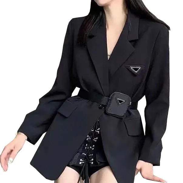 Jaqueta De Blazer De Algodão Preto Feminino Com Cinto Fito Slim, Decote Em V, Bolsos, Estilo De ...