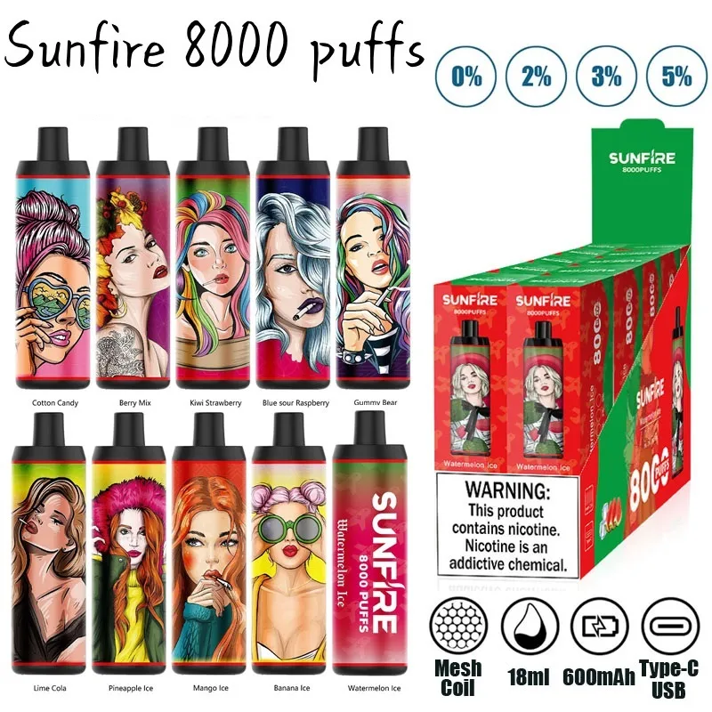 Sunfire 8000 9k Puffs Dtl Disposable Vape Pen 18ml Prefilled 600mah Usb
