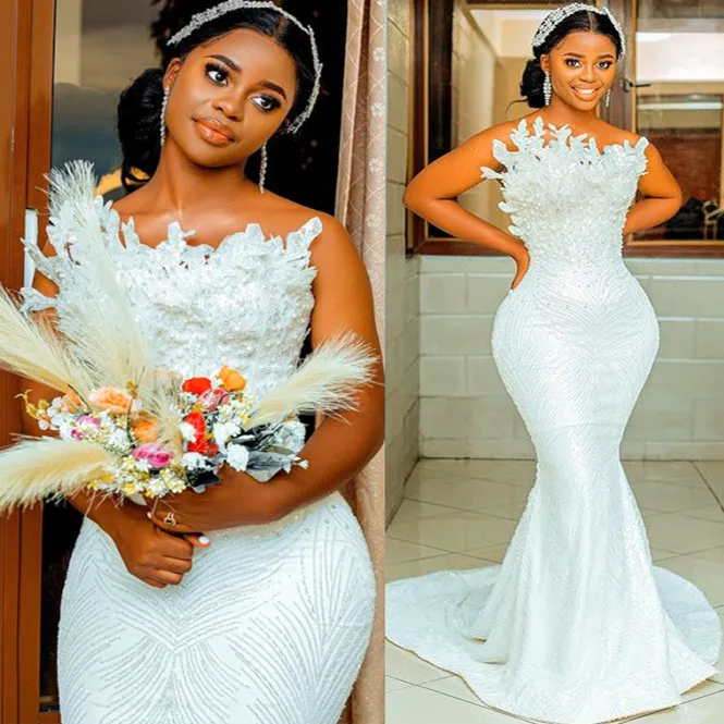 2023 Oct Arabic Aso Ebi Plus Size Mermaid White Wedding Dress Beaded ...