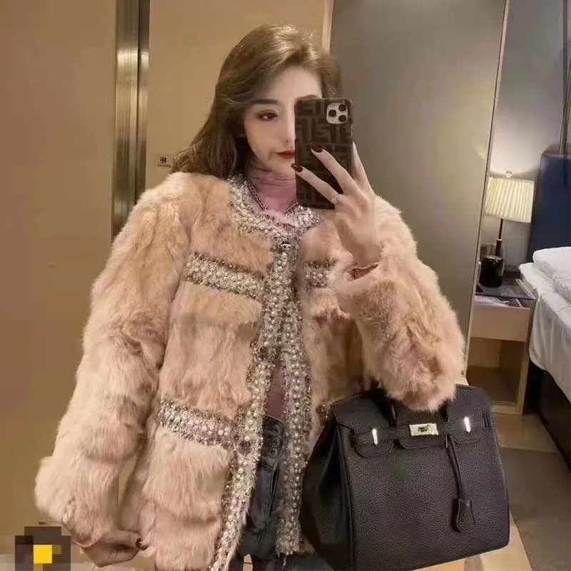 Elegant Tweed Rabbit Fur Coat - Winter Style, Nail Bead Detail, Heavy ...
