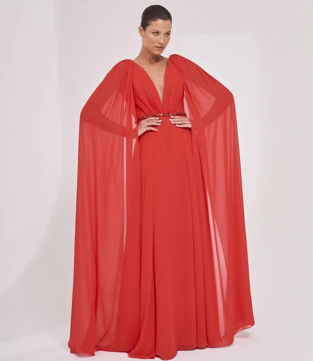 Elegant Red Chiffon Prom Dress: Vintage A-Line Cape Evening Gown ...