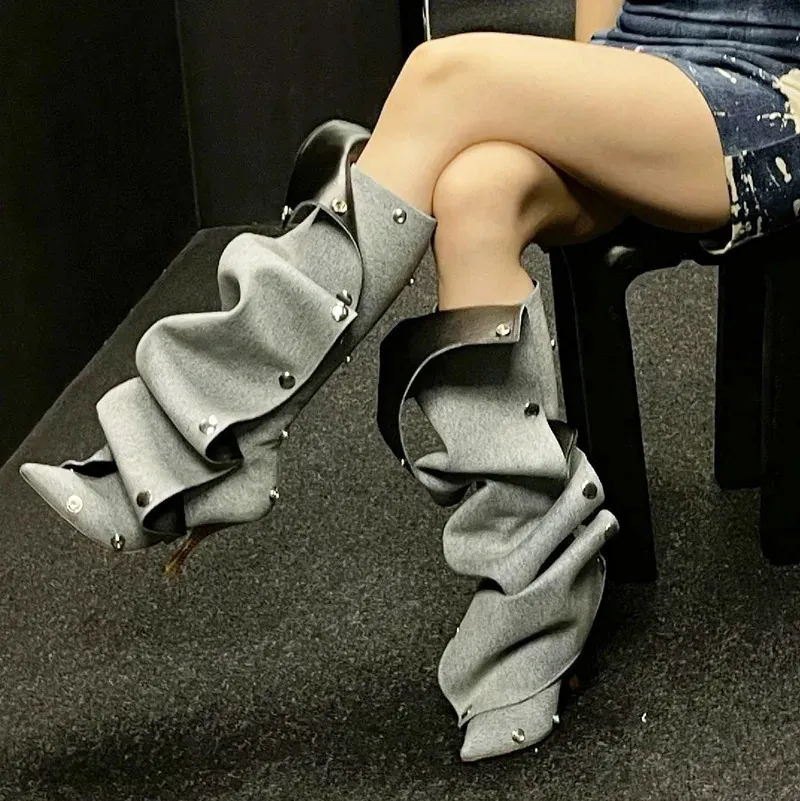 Denim Jean Boots, Metal Button Spliced High Heel Boots: Fashionable ...