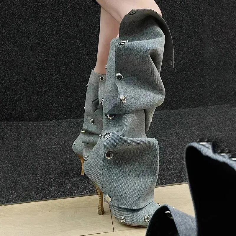 Denim Jean Boots, Metal Button Spliced High Heel Boots: Fashionable ...