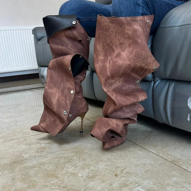 Denim Jean Boots, Metal Button Spliced High Heel Boots: Fashionable ...