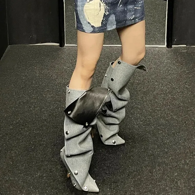 Denim Jean Boots, Metal Button Spliced High Heel Boots: Fashionable ...