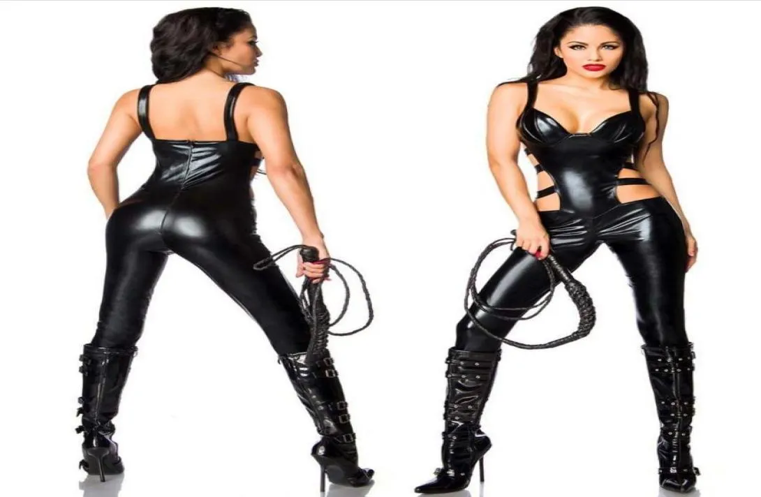 Sexy Faux Leather Catsuit Bodysuit For Women Wetlook Black Leather
