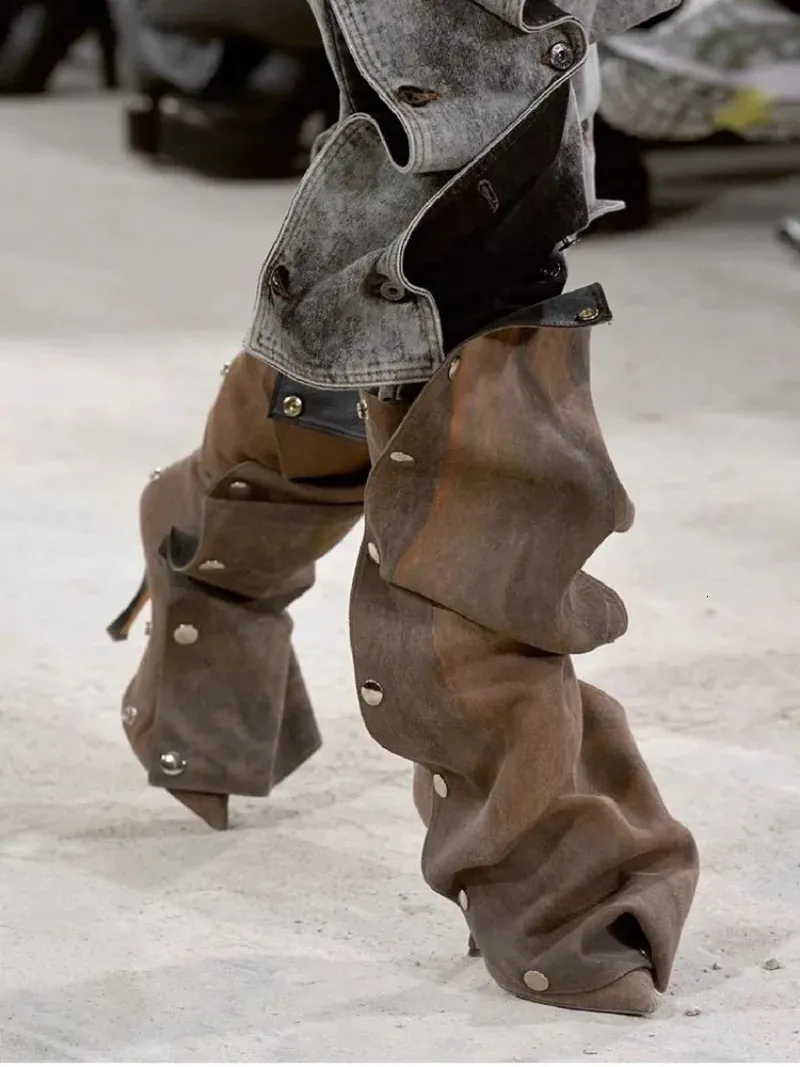 Denim Jean Boots, Metal Button Spliced High Heel Boots: Fashionable ...