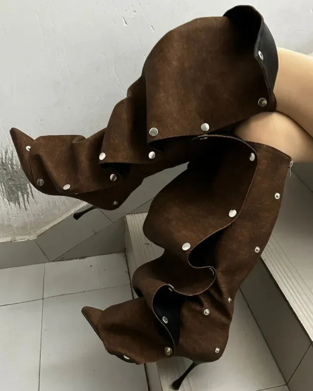 Denim Jean Boots, Metal Button Spliced High Heel Boots: Fashionable ...