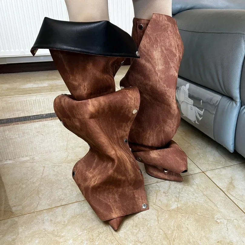 Denim Jean Boots, Metal Button Spliced High Heel Boots: Fashionable ...