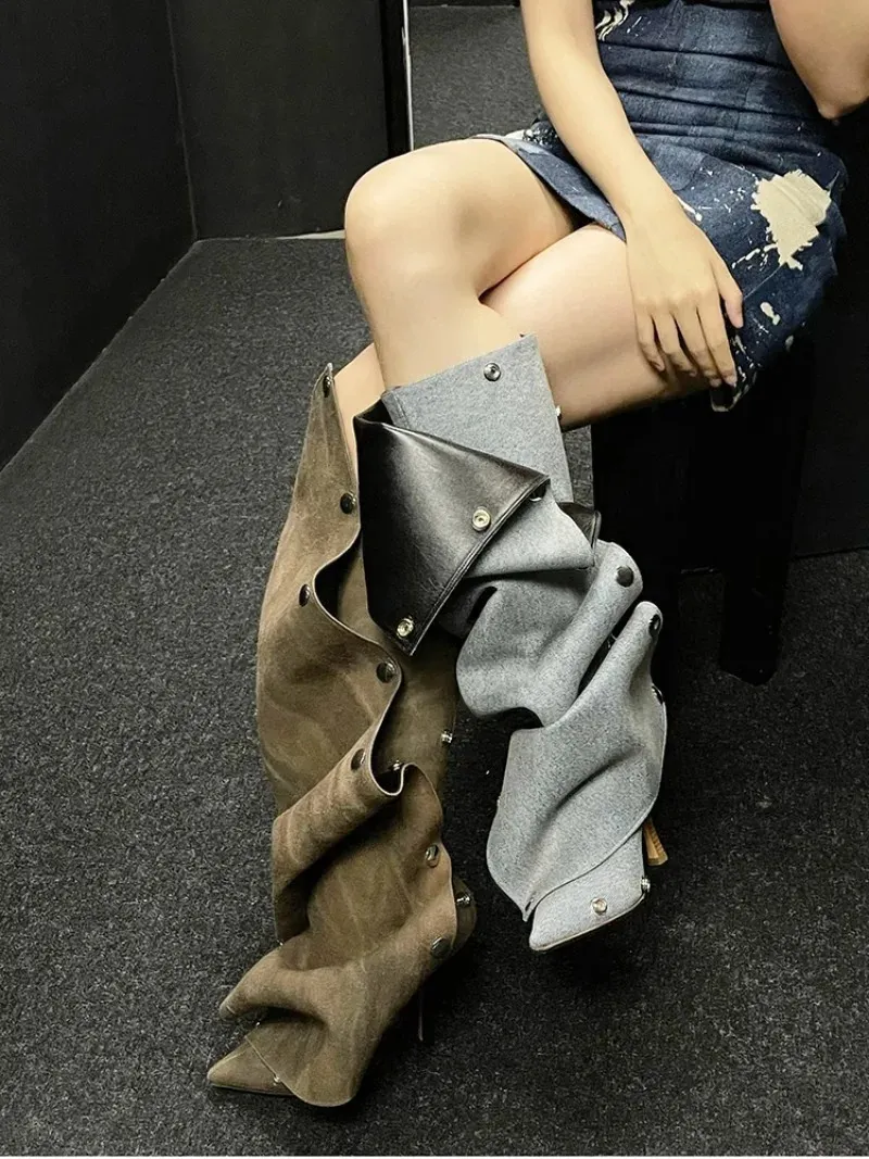 Denim Jean Boots, Metal Button Spliced High Heel Boots: Fashionable ...