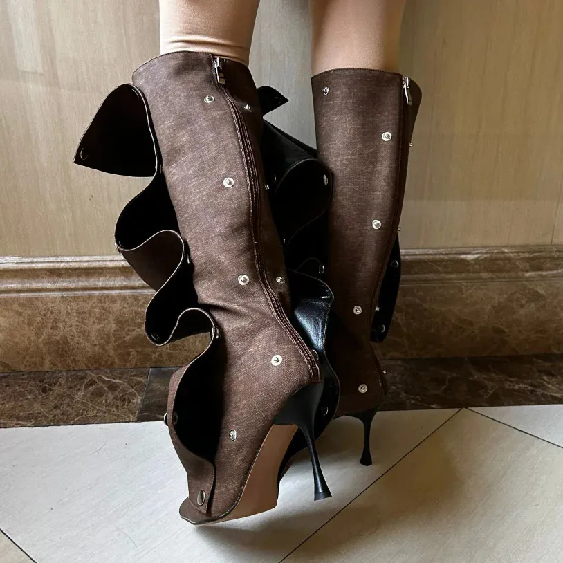 Denim Jean Boots, Metal Button Spliced High Heel Boots: Fashionable ...