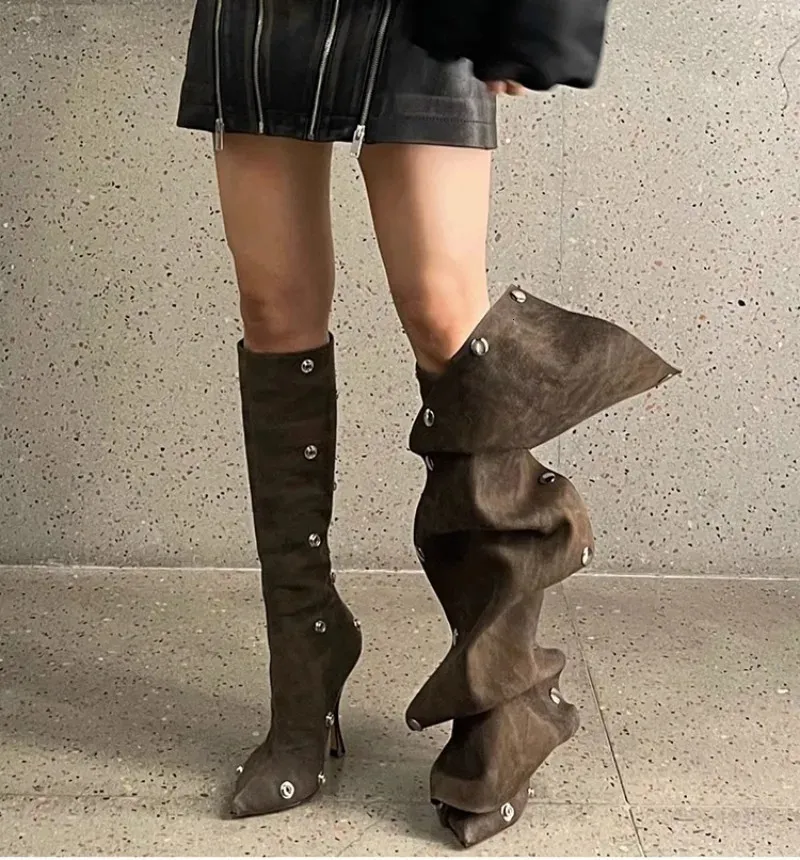 Denim Jean Boots, Metal Button Spliced High Heel Boots: Fashionable ...