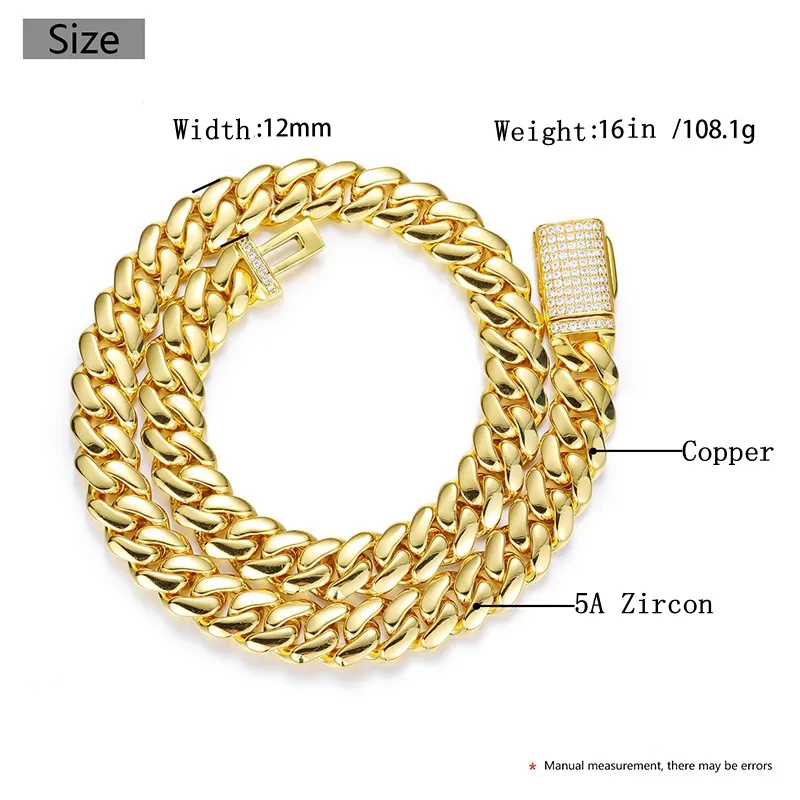 12mm-20mm Miami Cuban Link Chain Necklace for Men 14K Gold Plated ...