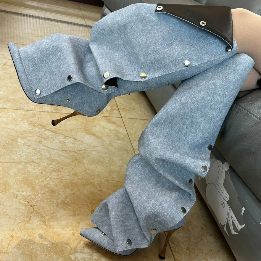 Denim Jean Boots, Metal Button Spliced High Heel Boots: Fashionable ...