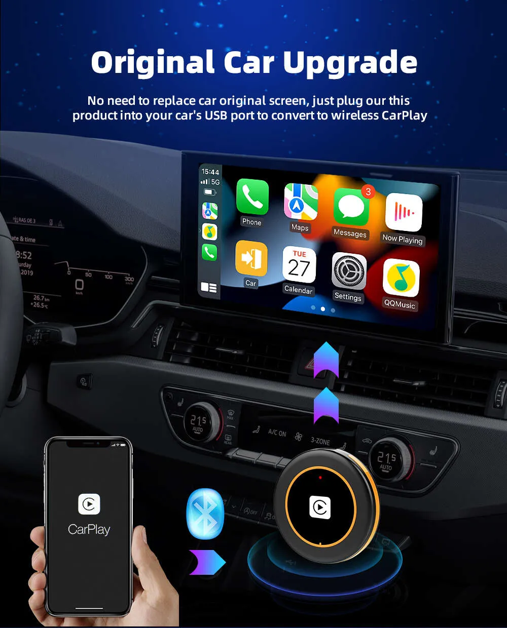 Bluetooth Car Adapter Wireless CarPlay Android Auto Dongle: Plug & Play ...