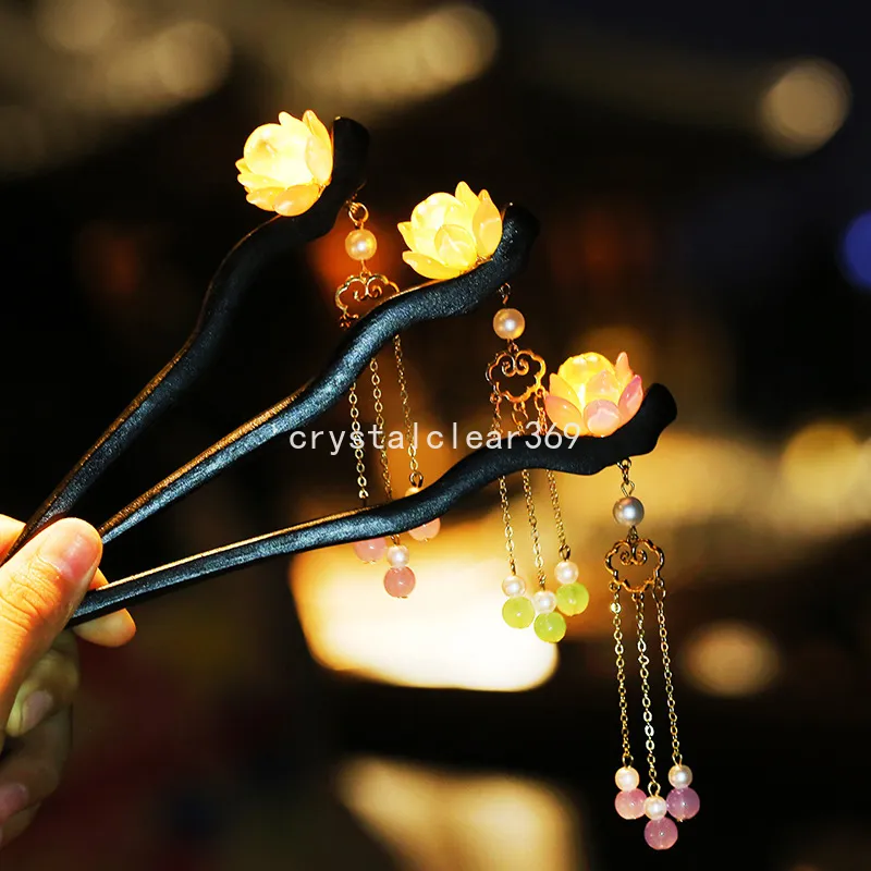 Chinese Style Luminous Lotus Cute Hair Sticks With Tassel And Wooden ...