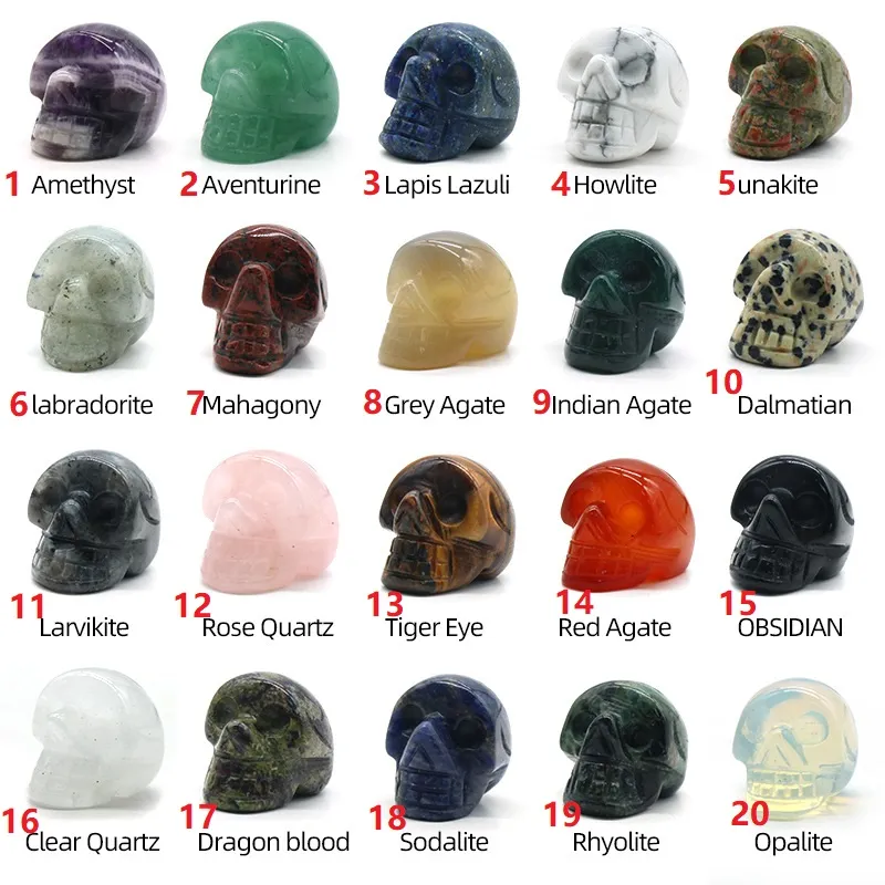 Natural Stone Skull Statues Carved Gemstone Healing Crystals For Chakra ...