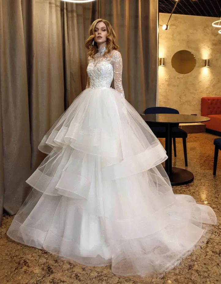 Modern Tiered Tulle A Line Wedding Dresses Long Sleeves, High Neck Lace ...