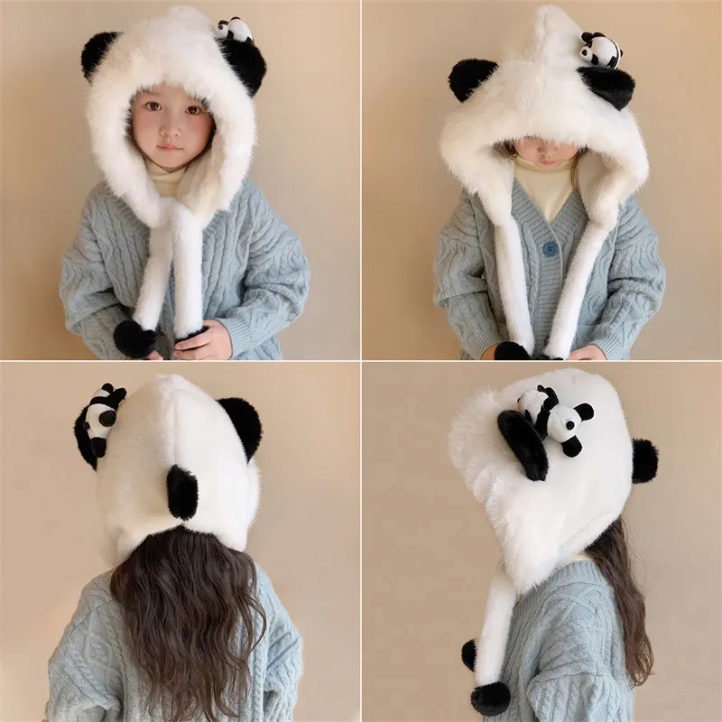 Cute Panda Winter Hat Scarf Set - Kids Faux Fur Fleece Beanie with Ear ...
