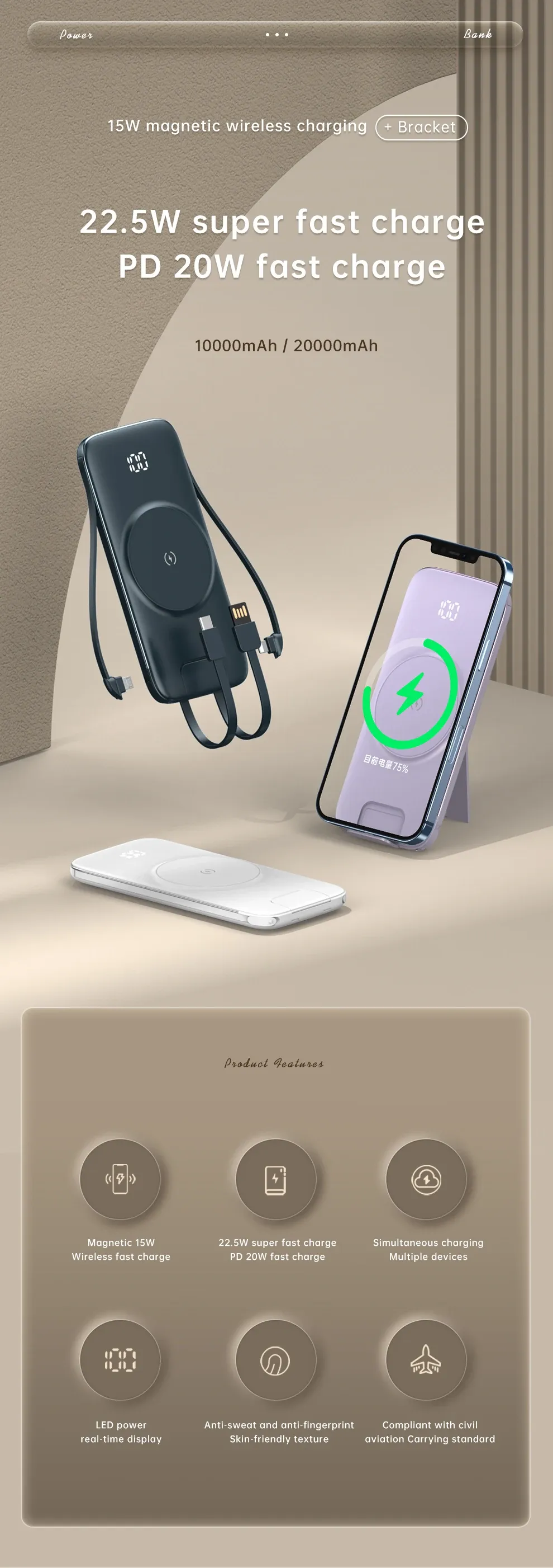 Magnetic Power Banks 20000mAh PD 20W Fast Charging Portable External ...