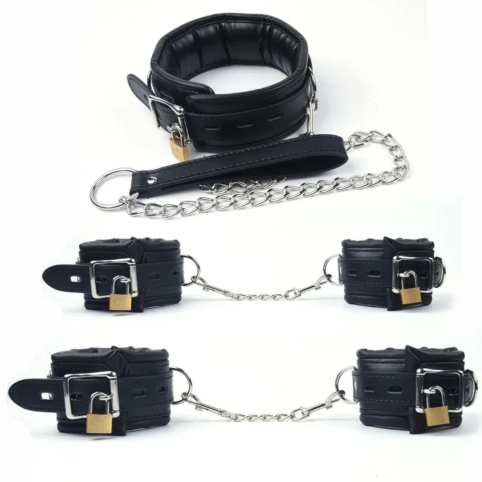 Black Leather Bondage Set: Sponge Padded Handcuffs & Ankle Cuffs With ...