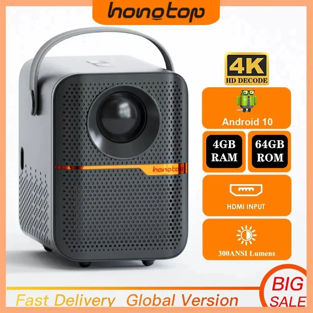 Portable 4K Projector - HONGTOP P11 Mini Projector: 300 ANSI Lumen, Android Smart Projector ...