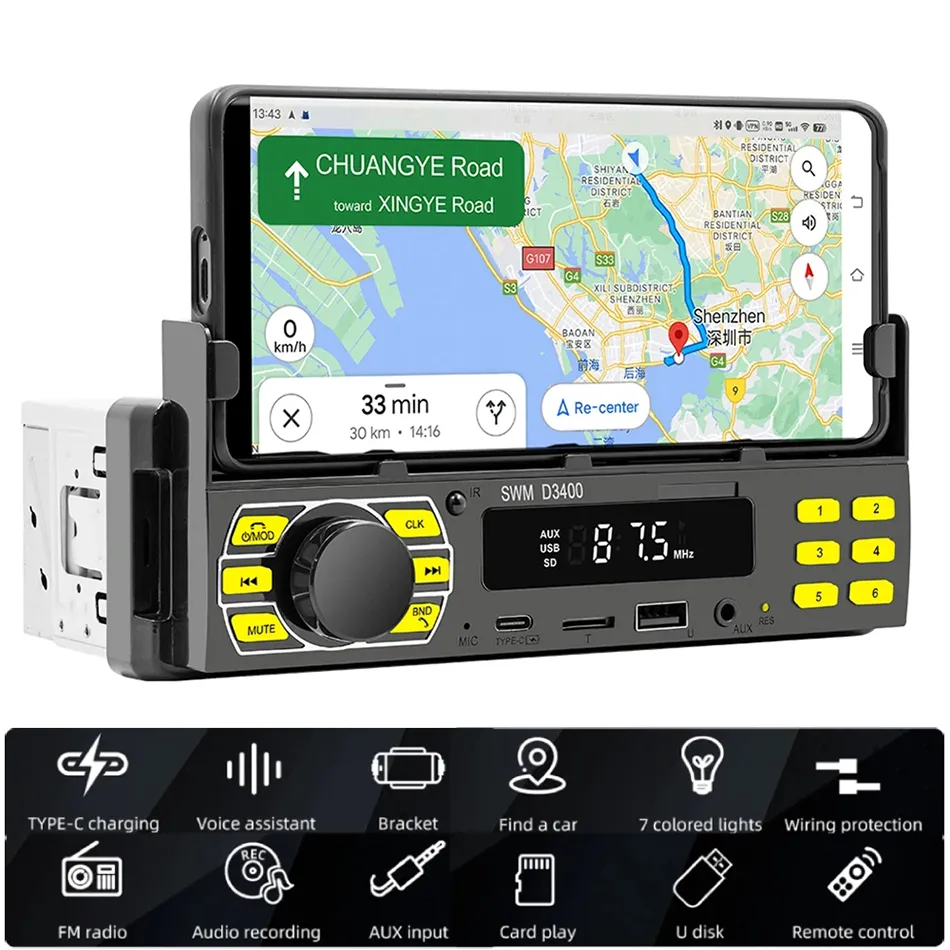 Car Radio Bluetooth 1 Din MP3 Player Handsfree A2DP Type C USB TF Aux ...